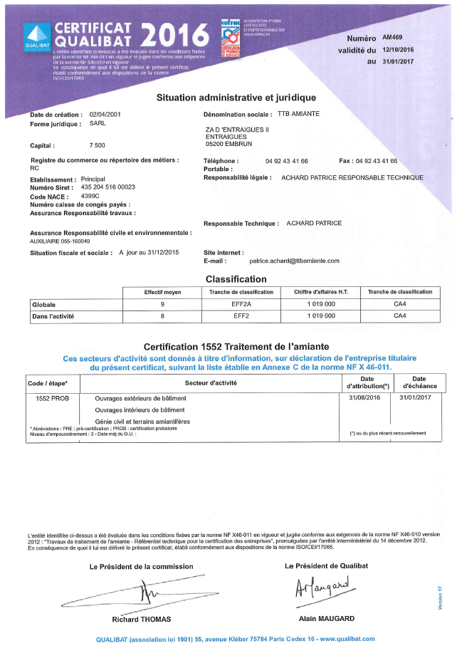 Certifications - TTB Amiante